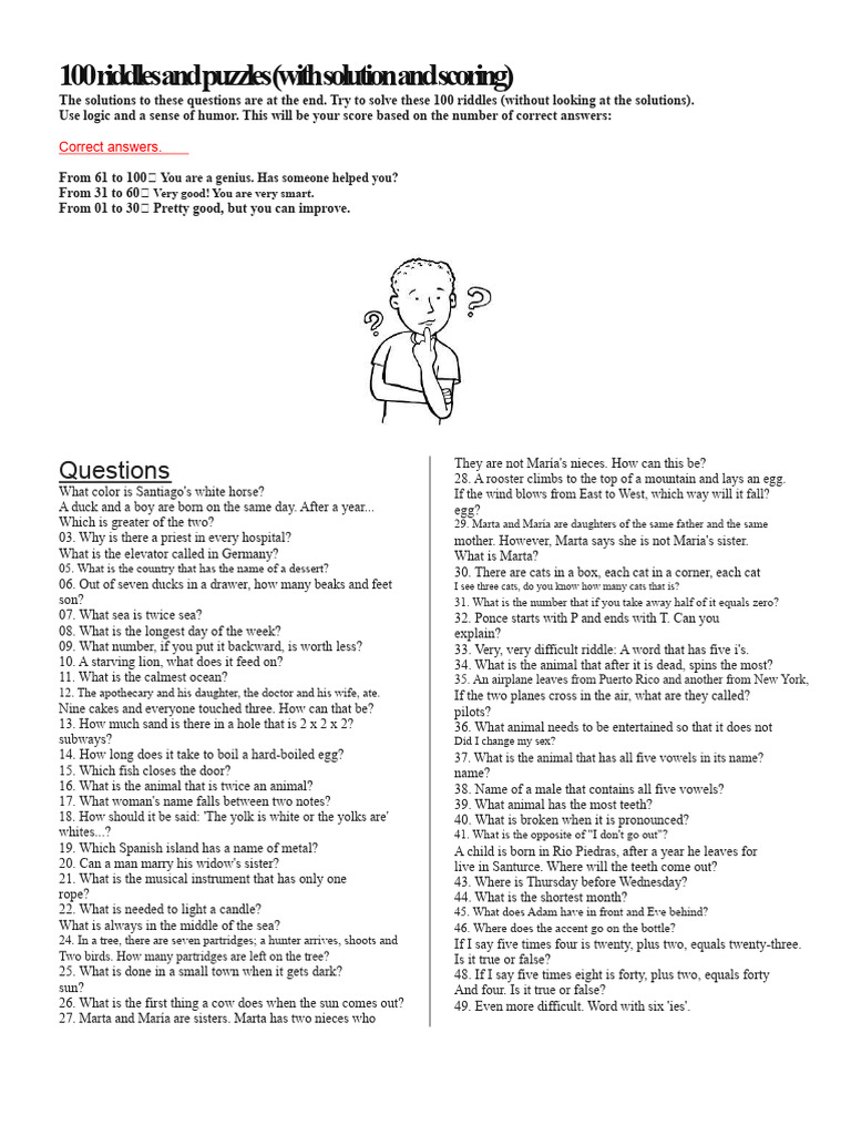 100 Fun Riddles and Puzzles with Answers | PDF | Hunting