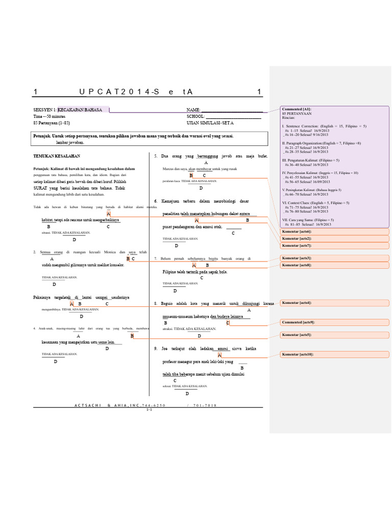 Upcat 2014_uji coba Ujian_set A_bagian 1_kemahiran Bahasa v.5.26.2014 | PDF
