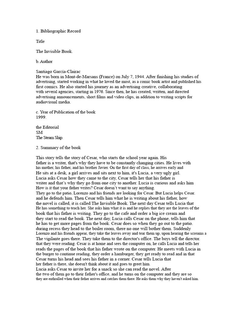 The Invisible Book: A Story Summary | PDF
