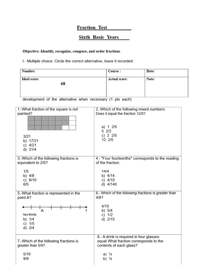 Fraction Test Sixth Grade | PDF | Mathematics | Arithmetic
