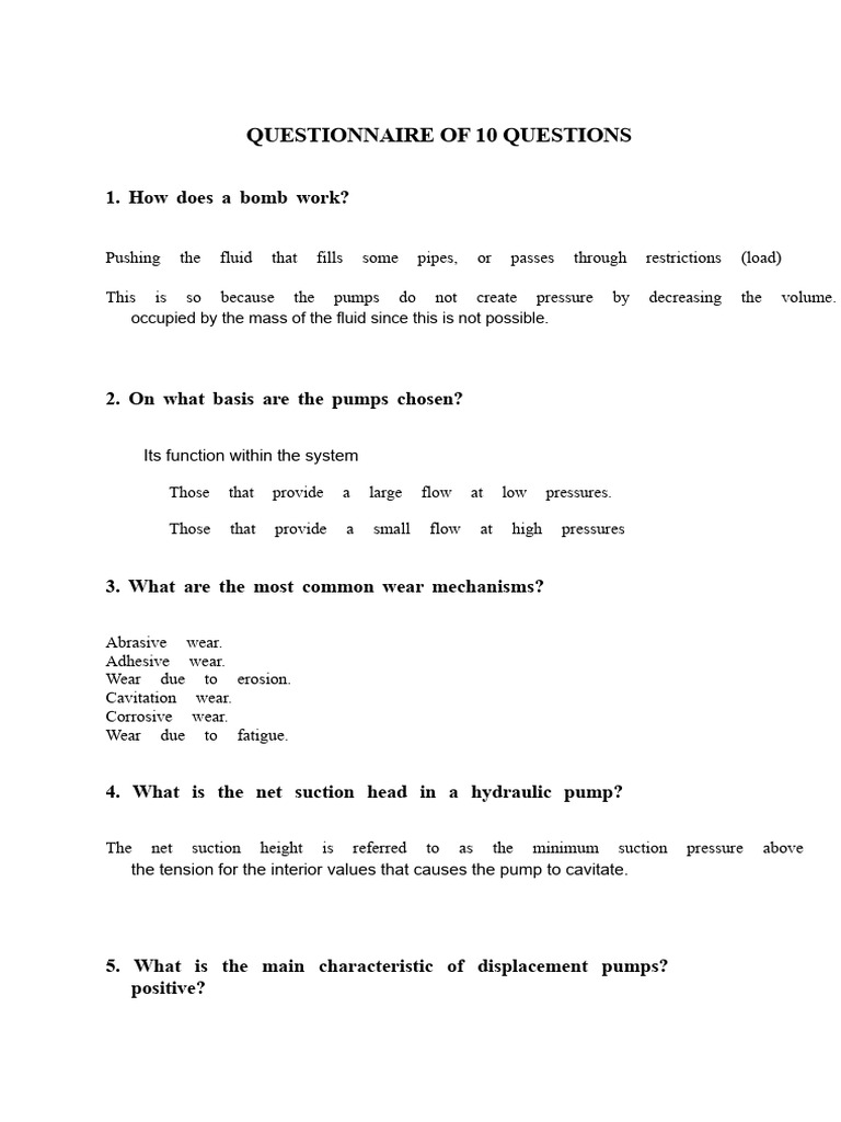 Questionnaire of 10 Questions | PDF | Pump | Wear