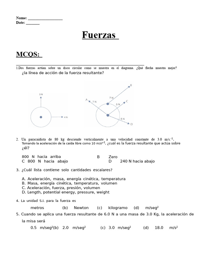 Hoja de Trabajo Del Capítulo 3: Fuerzas y Movimiento | PDF | Fuerza | Masa