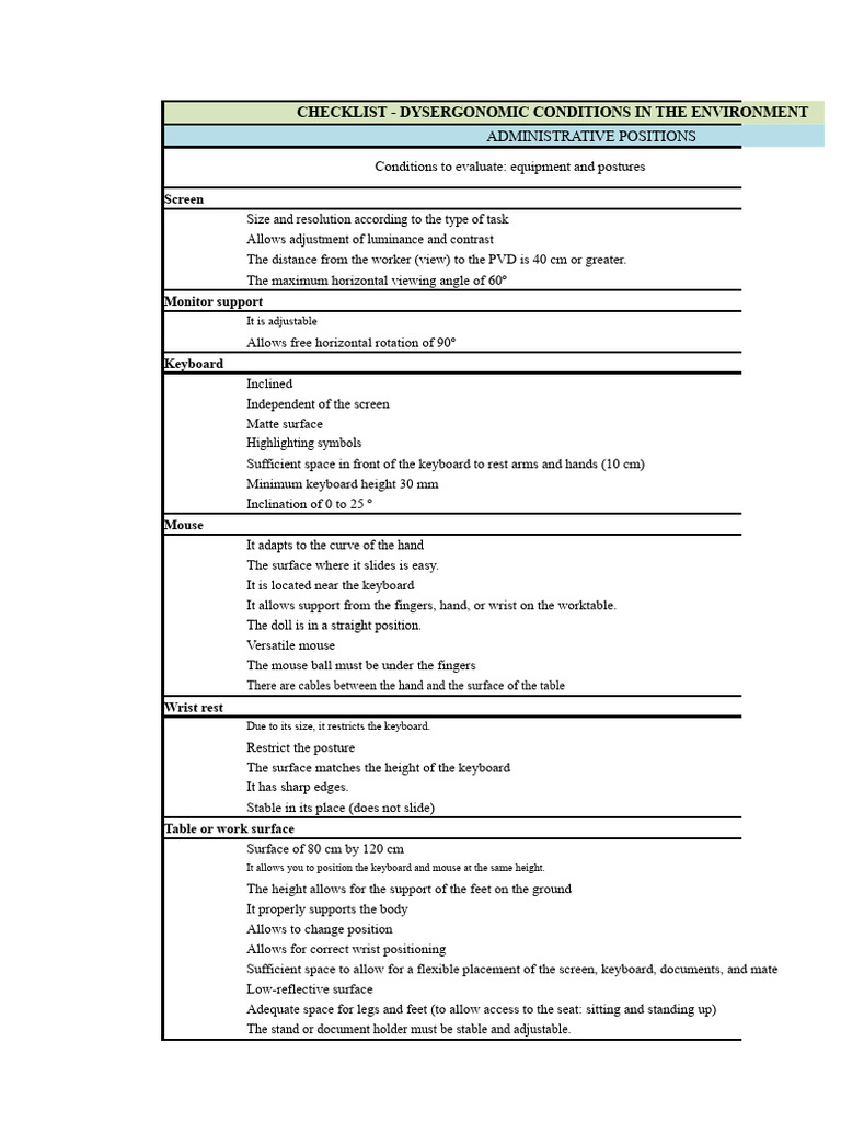 Ergonomic Checklist for Work Environments | PDF | Computer Keyboard ...