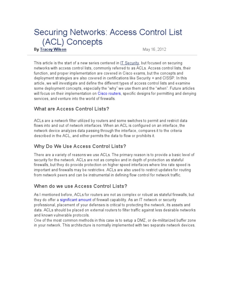 Securing Networks: Access Control List (ACL) Concepts | PDF | Computer Network | Router (Computing)