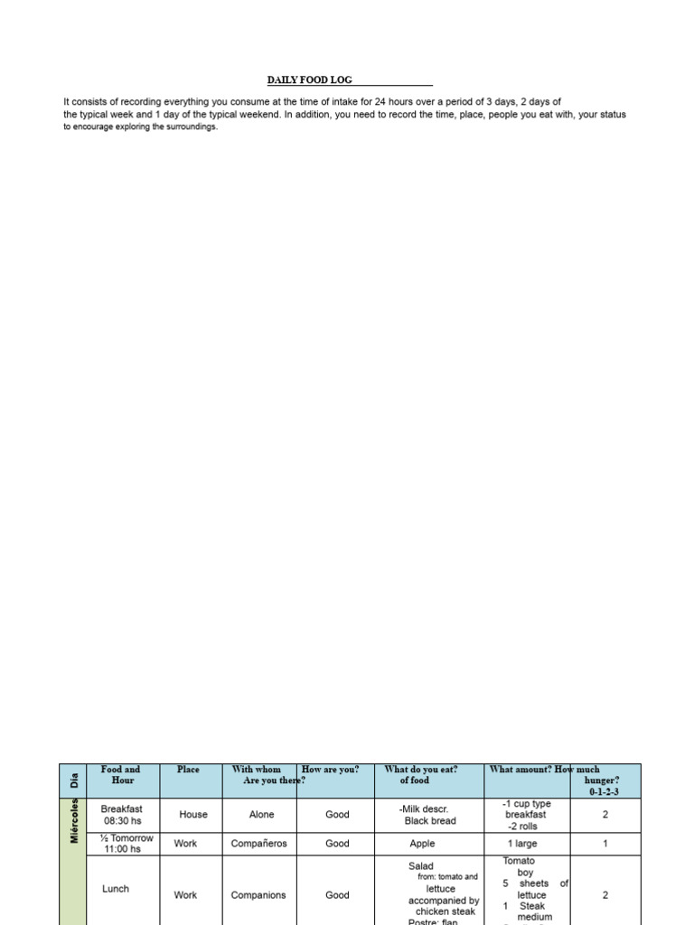 24-Hour Food Intake Log Template | PDF | Lunch | Meal