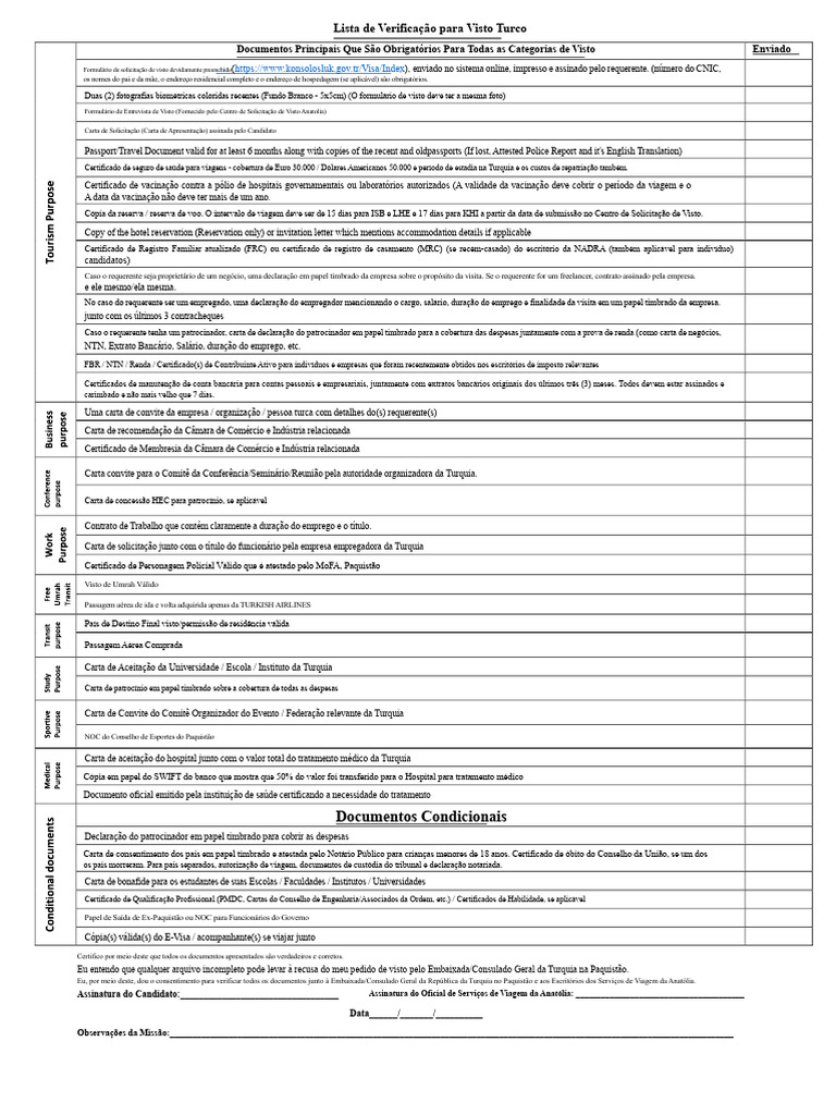 Checklist-Form Turkey PDF | PDF | Visto para viagem