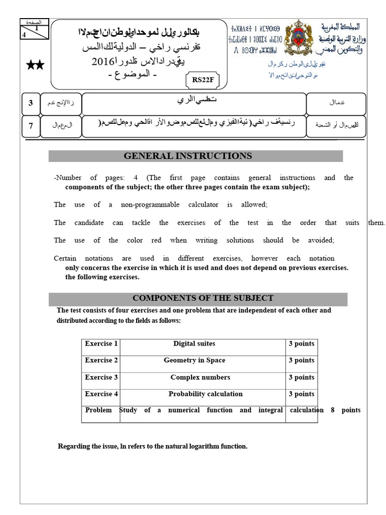 2016 Math Exam Instructions and Exercises | PDF | Mathematics ...