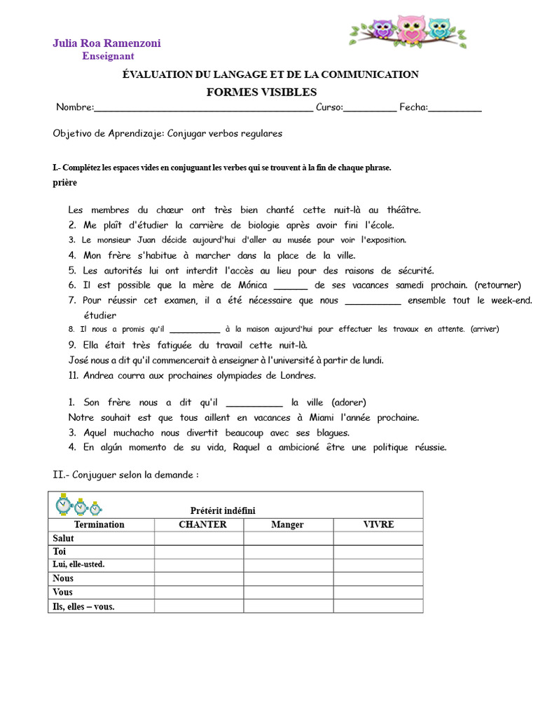 Évaluation de conjugaison des verbes | PDF | Verbe | Aspect accompli ...
