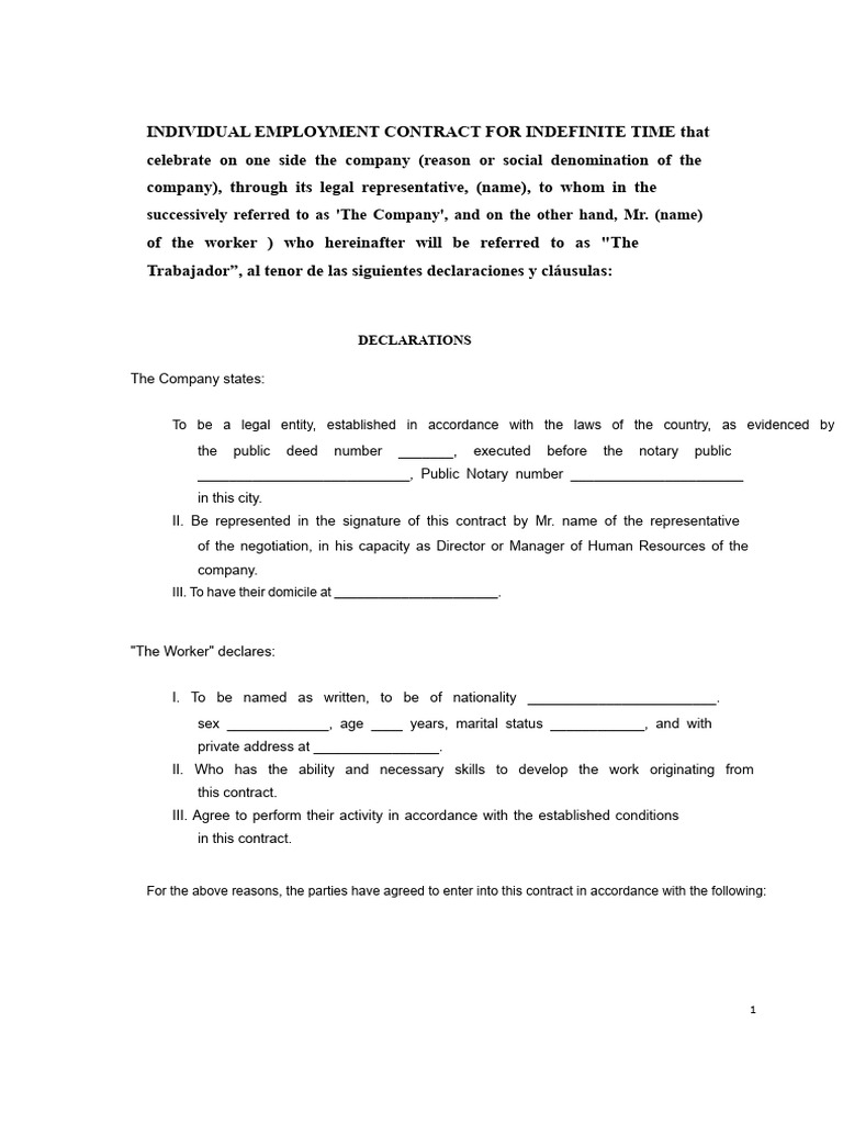 Indefinite Employment Contract Template | PDF | Employment | Working Time