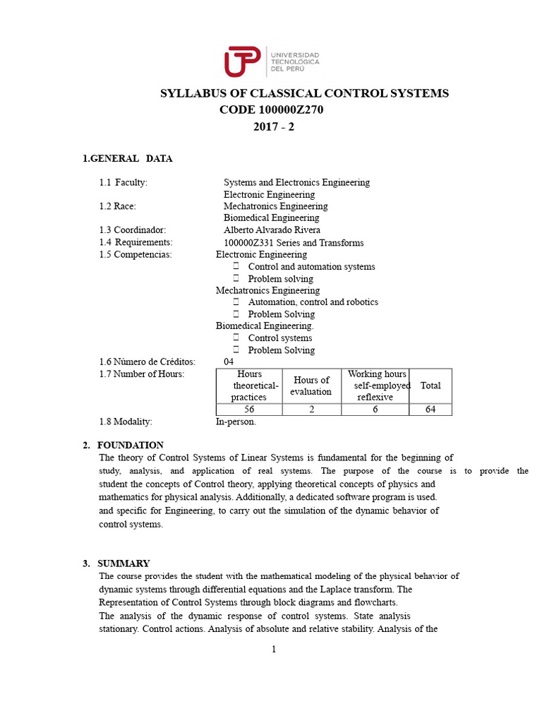 Classical Control Systems Syllabus | PDF | Control Theory ...
