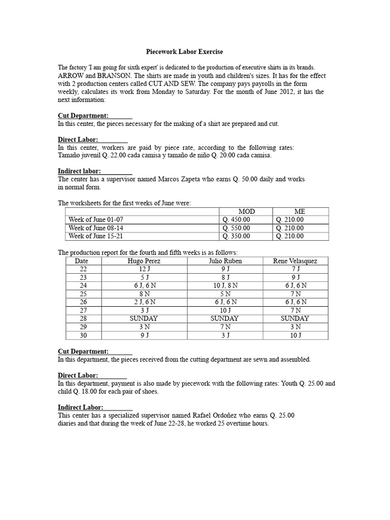 Piecework Labor Exercise 2 | PDF | Piece Work | Expense