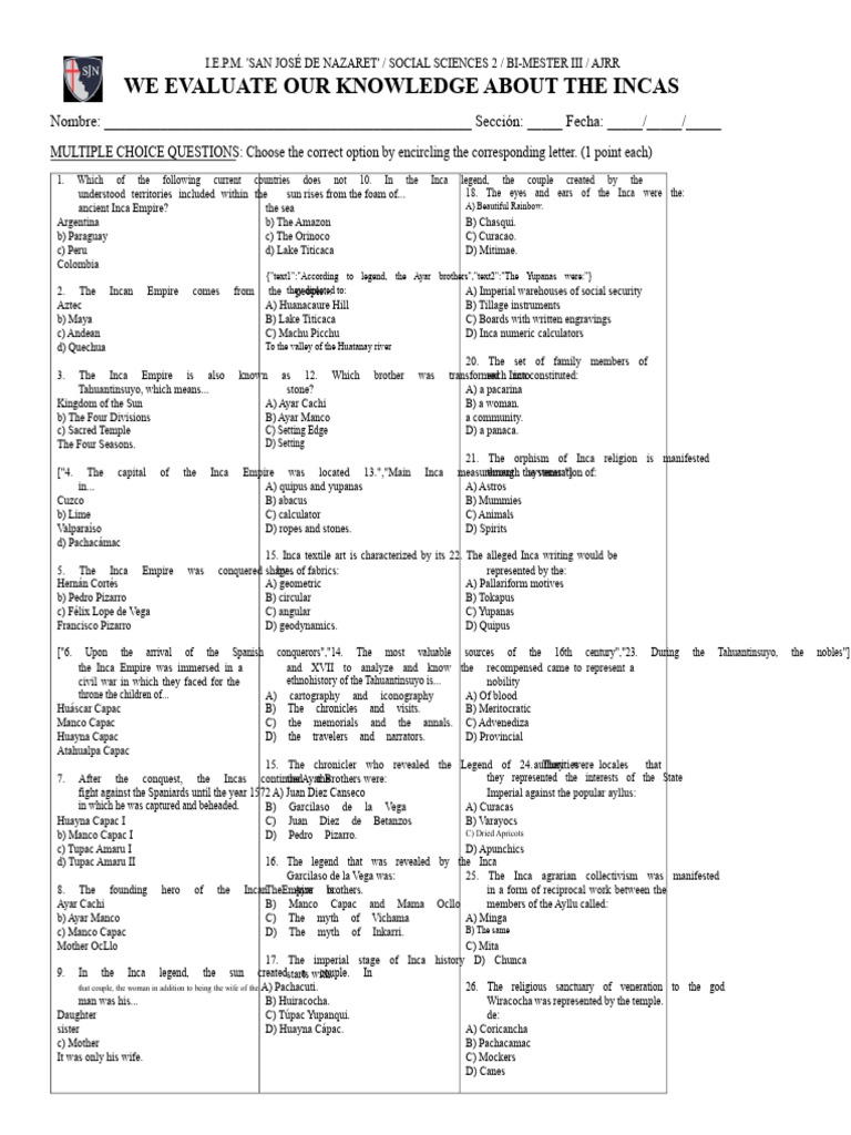 Inca Empire Knowledge Assessment Quiz | PDF | Inca Empire | Andes
