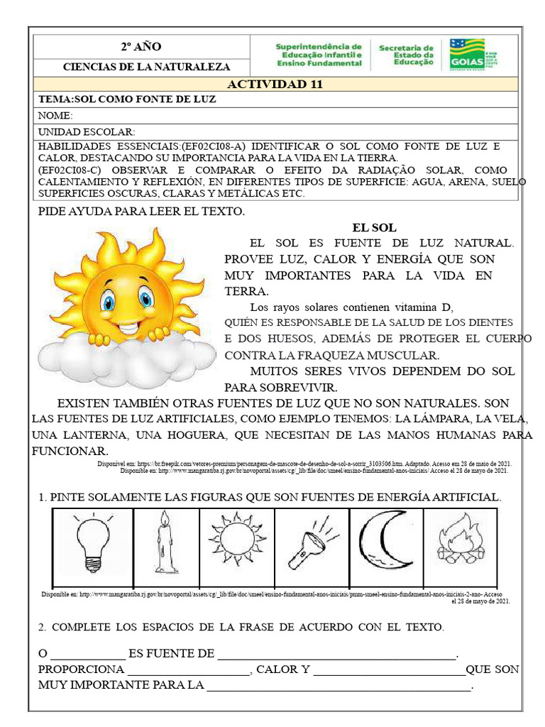 Actividad 11 3er Año Ciencias Tema Sol Como Fuente de Luz Profesor ...