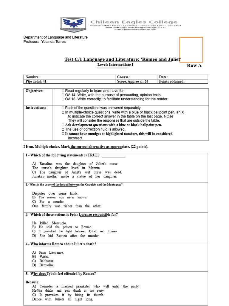 Romeo and Juliet Test Row C | PDF | Characters In Romeo And Juliet ...