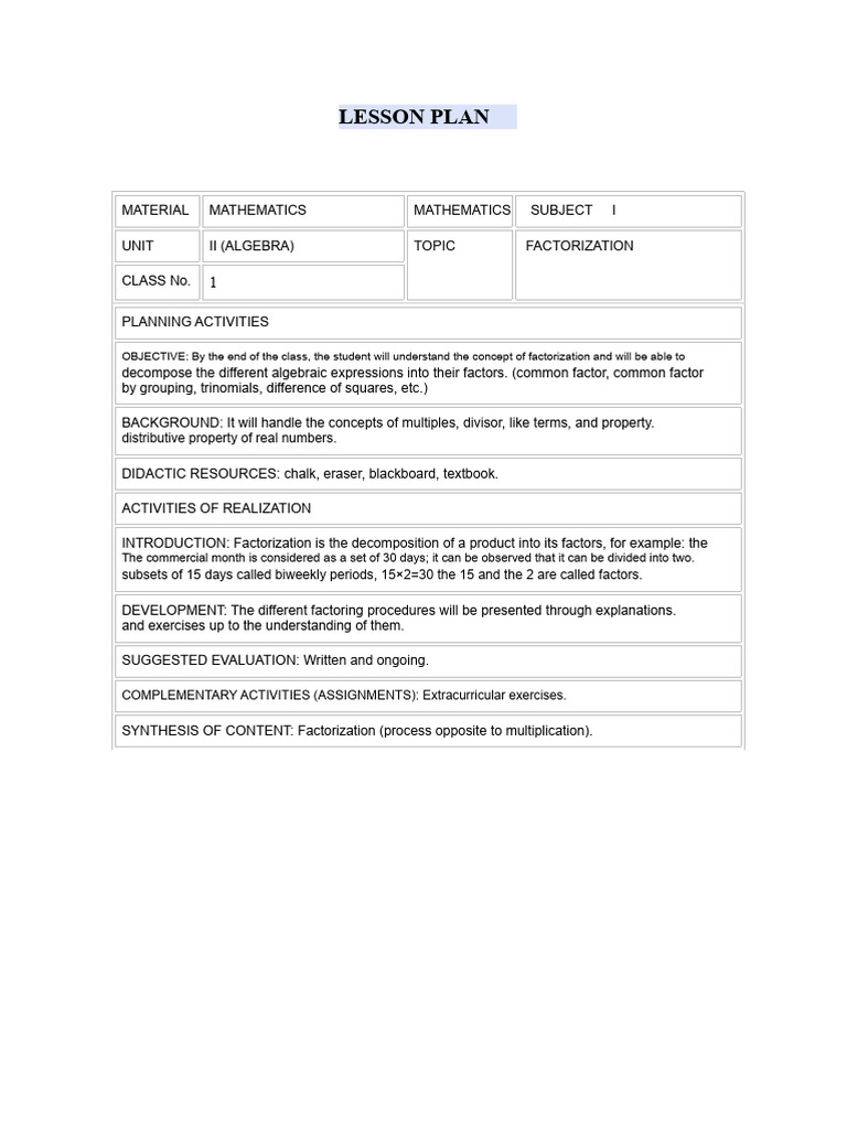 LESSON PLAN Factorization | PDF