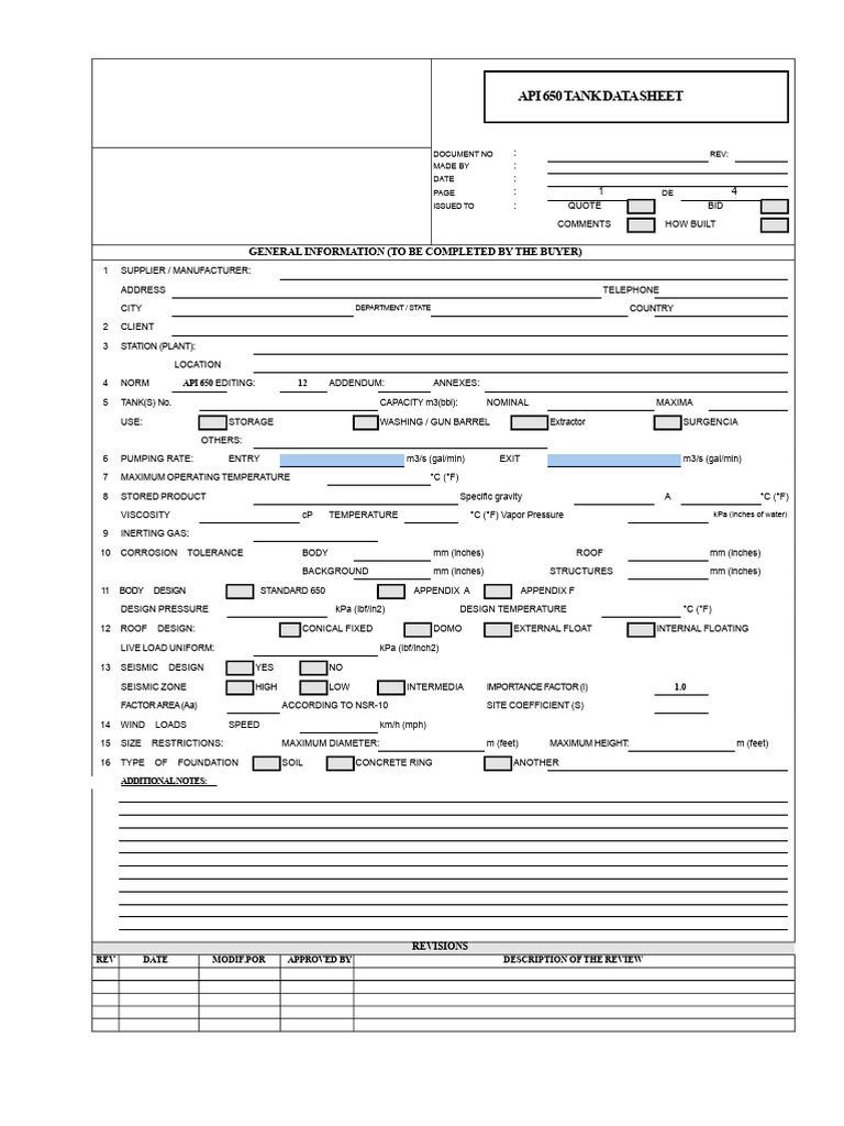 API 650 Tank Specification Sheet | PDF | Mechanical Engineering