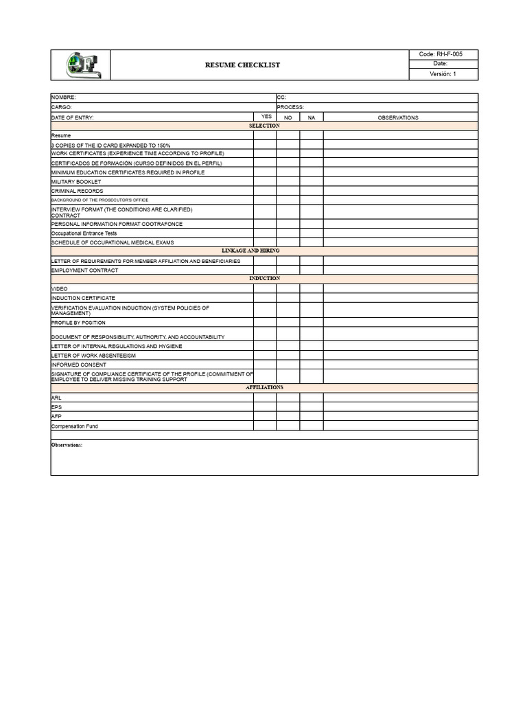 RH-F-005 Resume Checklist | PDF