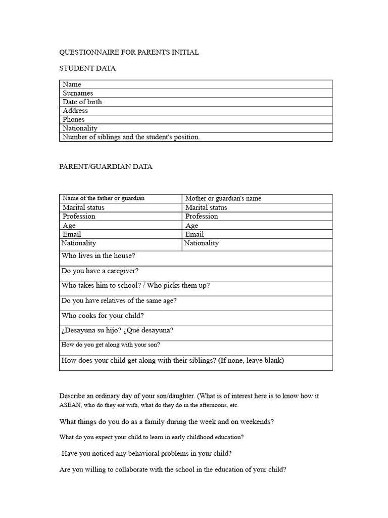Parent Questionnaire for Student Data | PDF