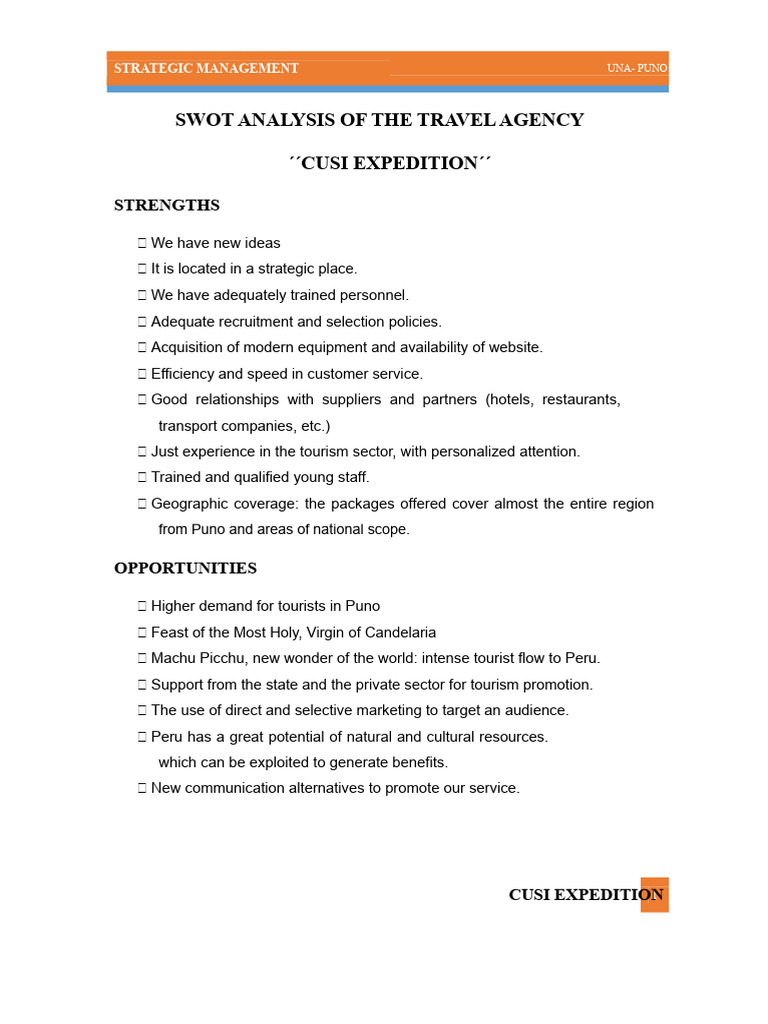 SWOT Analysis of The Travel Agency | PDF | Swot Analysis | Peru