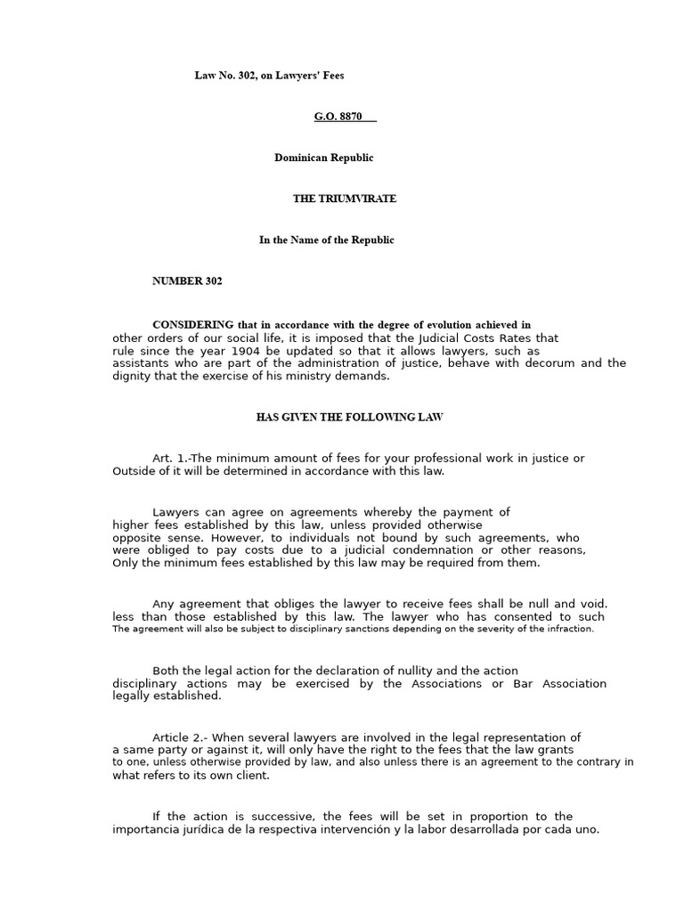 Law No. 302: Minimum Lawyer Fees DR | PDF | Lawsuit | Judgment (Law)