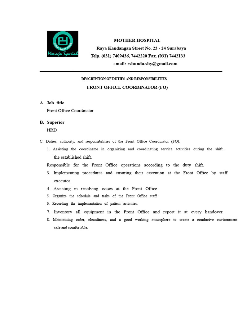 Front Office Coordinator (FO) | PDF