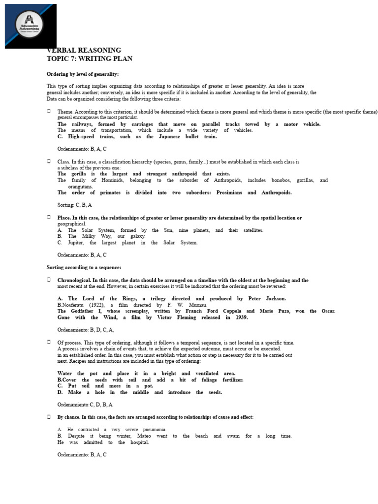 Verbal Reasoning Topic 7: Writing Plan: General Encompasses The Most ...