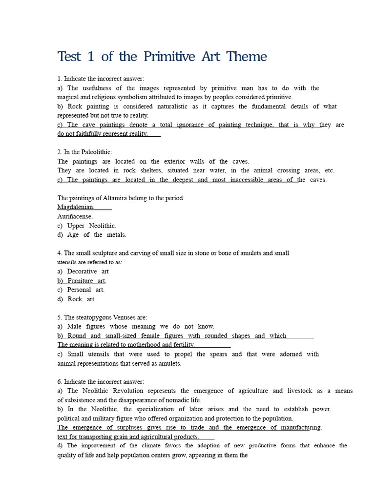 Primitive Art Theme Test Questions | PDF | Paleolithic | Neolithic