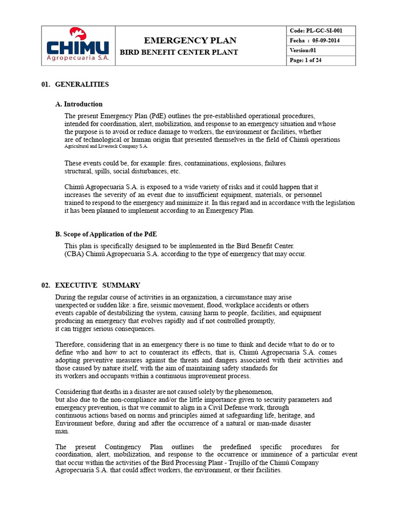 Chimu Agricultural - Emergency Plan | PDF | Hazards | Emergency Management