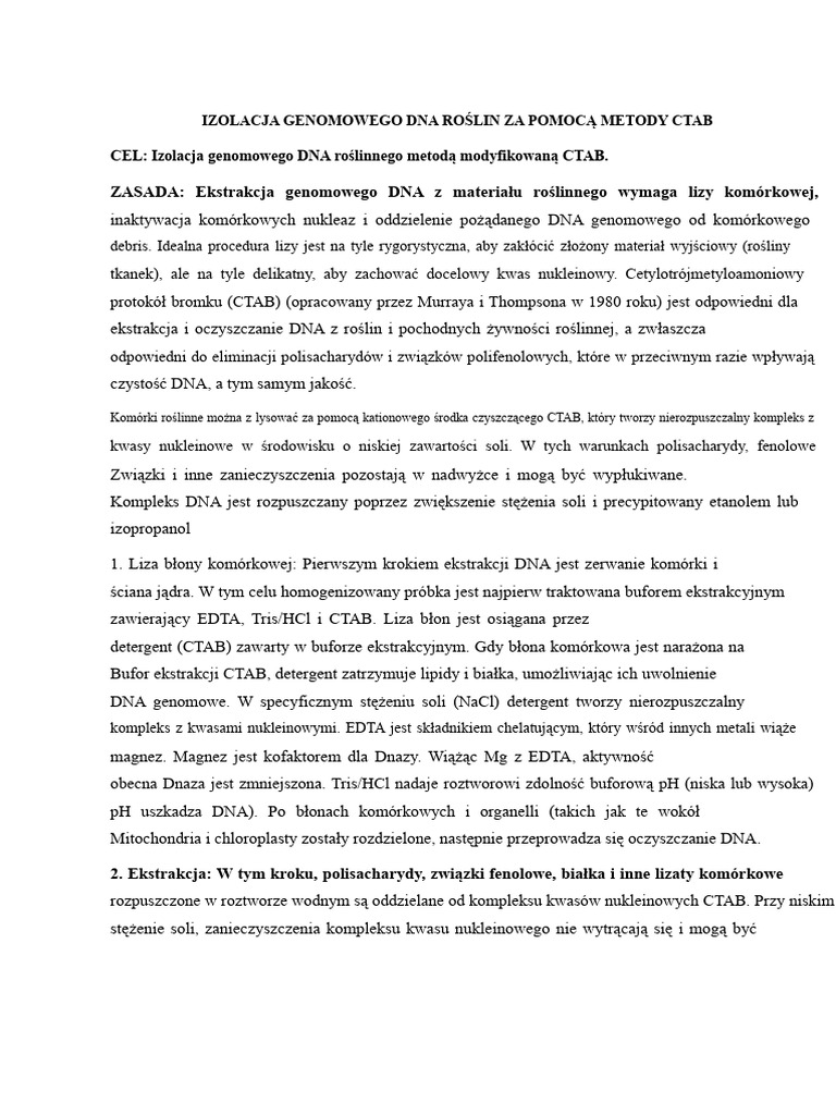 Izolacja Genomicznego DNA Roślin Metodą CTAB | PDF