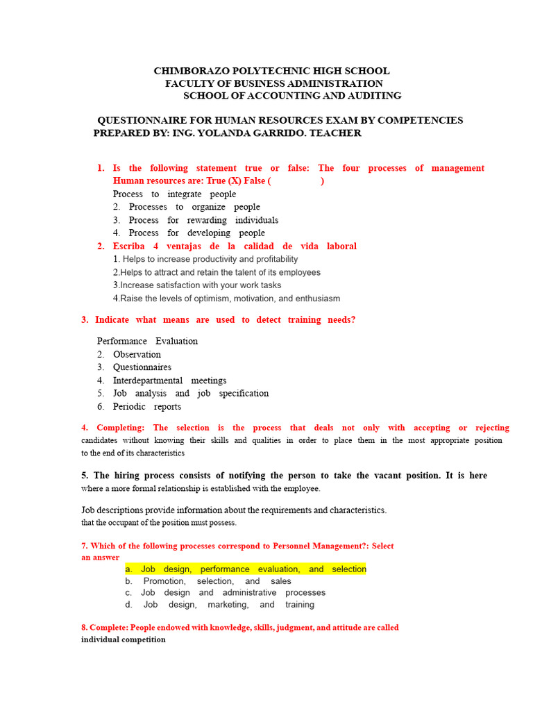 Human Resources Questionnaire | PDF | Performance Appraisal | Recruitment