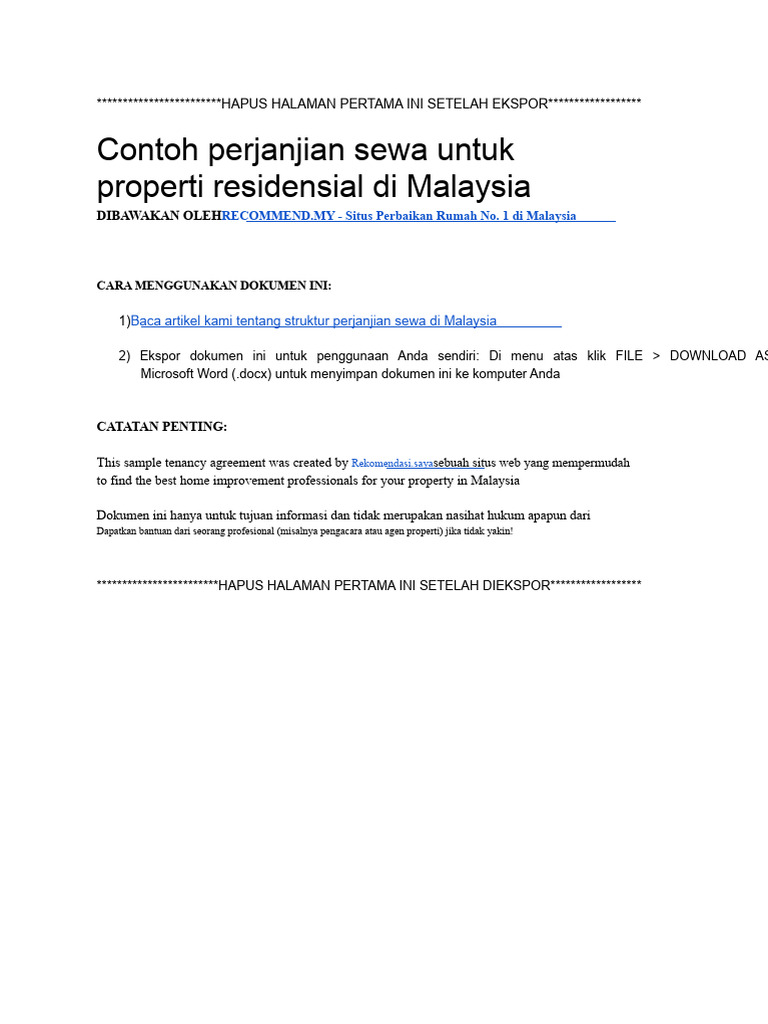 Contoh Perjanjian Sewa Untuk Harta Kediaman Di Malaysia | PDF