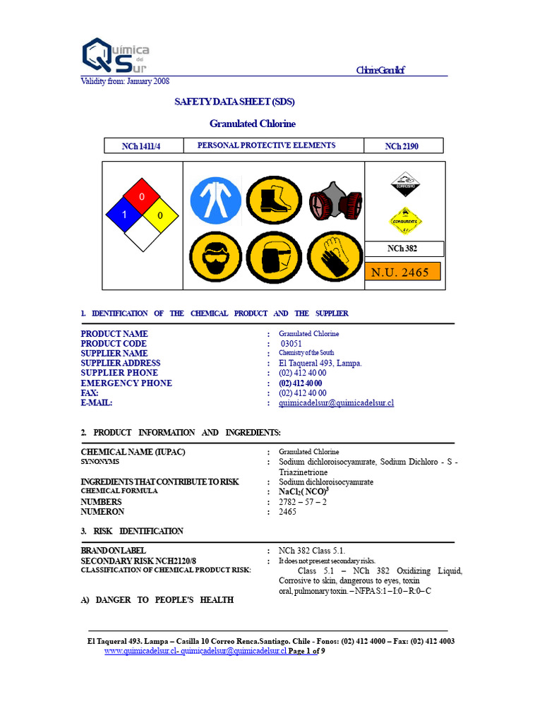 Granulated Chlorine Safety Data Sheet | PDF | Personal Protective ...