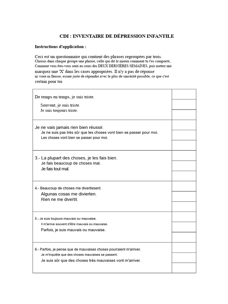 Questionnaire CDI sur la dépression infantile | PDF | Dépression ...