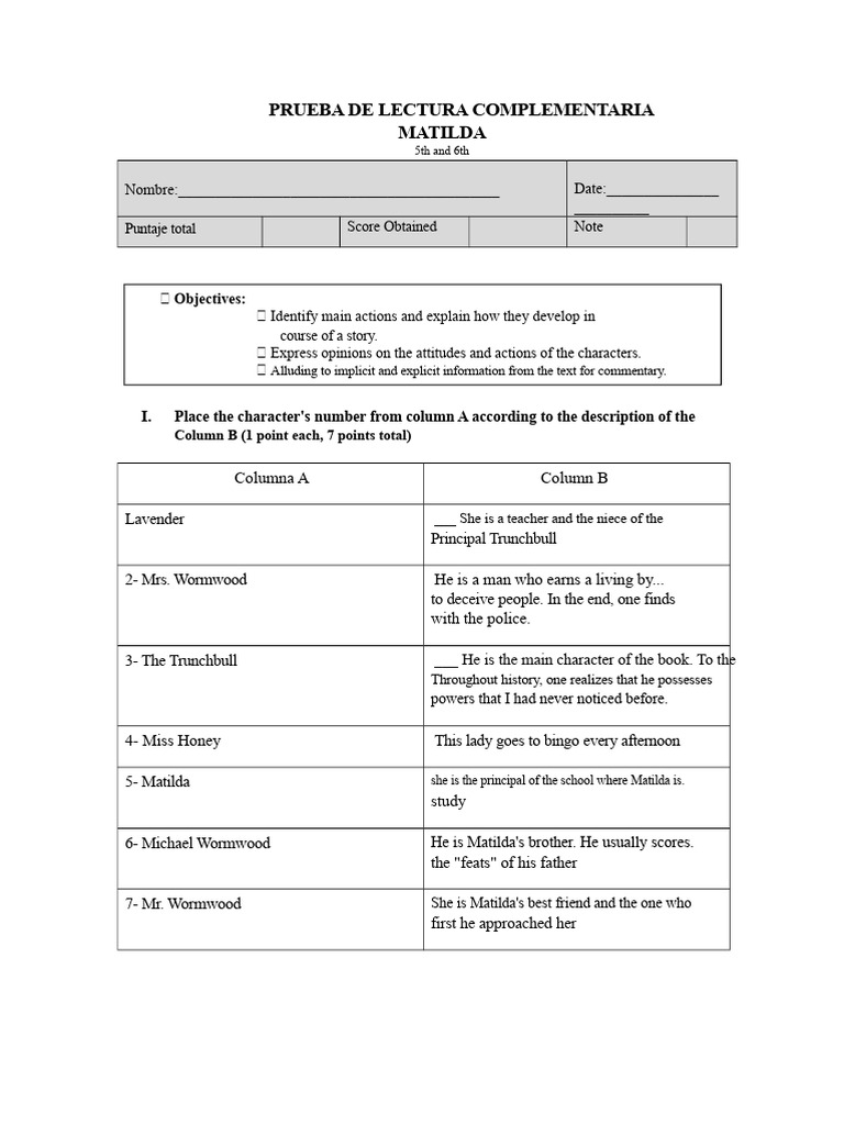 Matilda Reading Comprehension Test | PDF