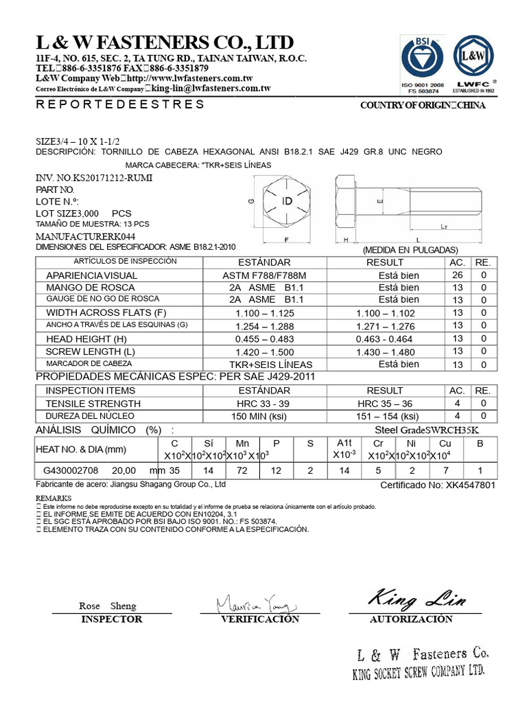 Quality Certificate Bolt | PDF | Tornillo | Química