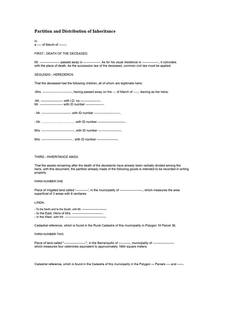 MODEL of PARTITION AND ALLOCATION OF INHERITANCE | PDF | Inheritance ...