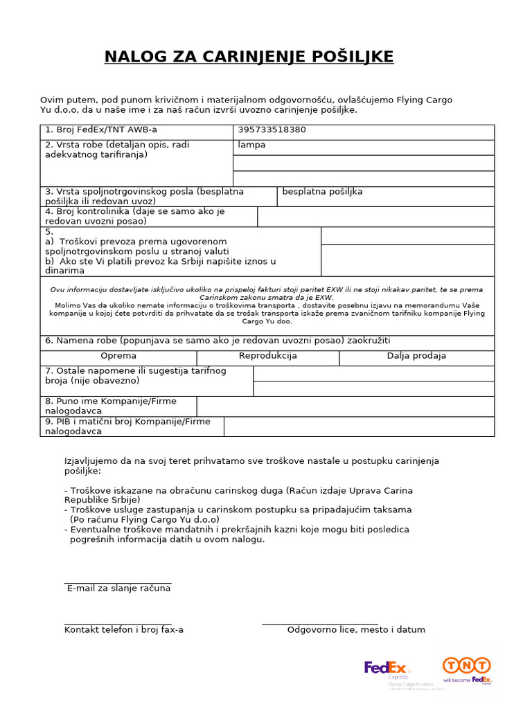 Nalog Za Carinjenje Tabela I Uputstvo | PDF