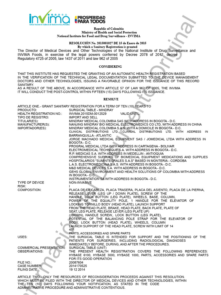 INVIMA MESA Mindray 3000 | PDF | Medical Device | Medicine