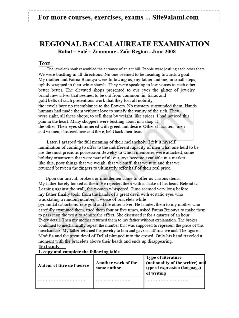 Regional Exam - First Year Baccalaureate - All Streams - Subject ...