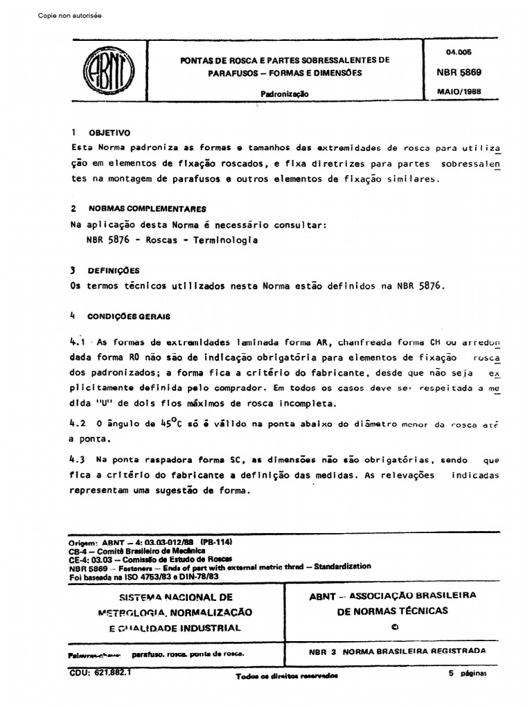 NBR 05869 - Extrémités de Filetage Et Pièces Saillantes de Vis - Formes ...