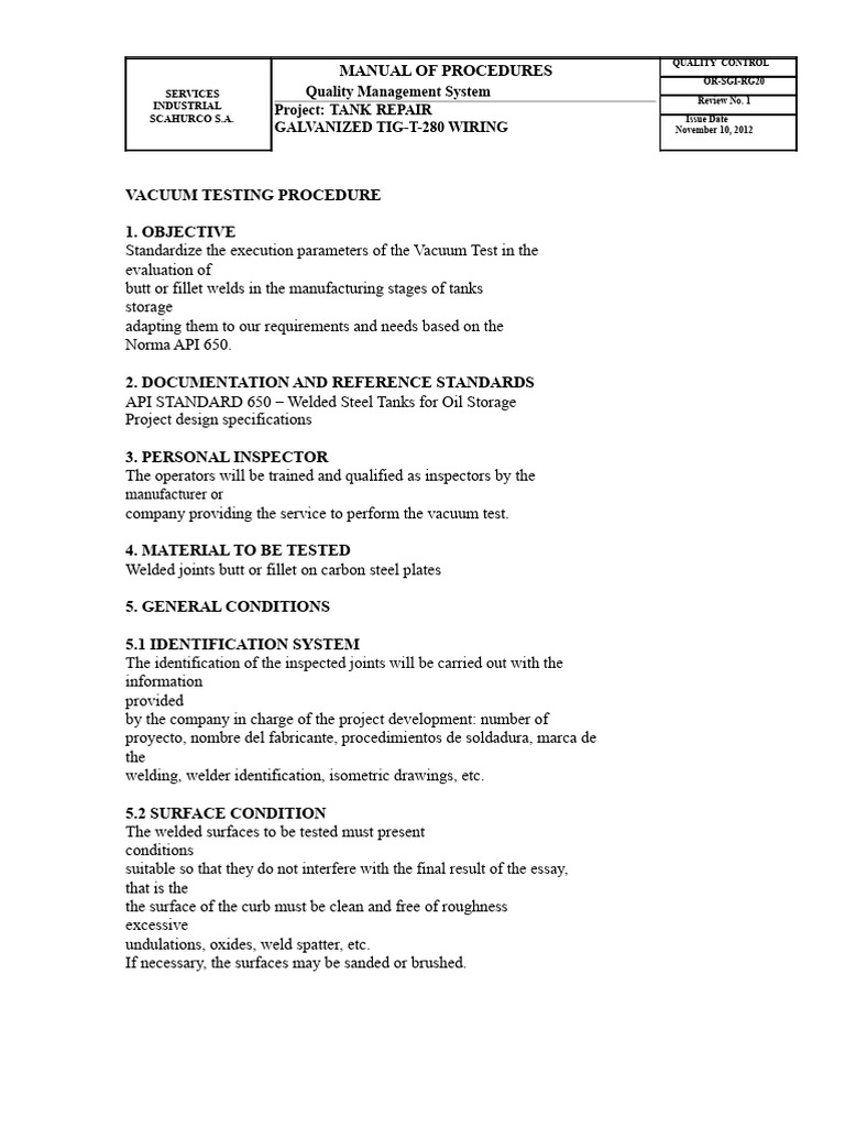 Vacuum Testing Procedure for Tanks | PDF | Welding | Construction
