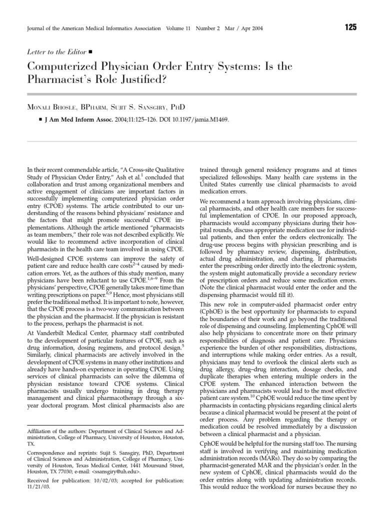 Computerized Physician Order Entry Systems: Is The Pharmacist's Role ...