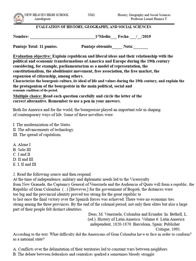 Short History Test 1st Year of High School | PDF | Bourgeoisie ...