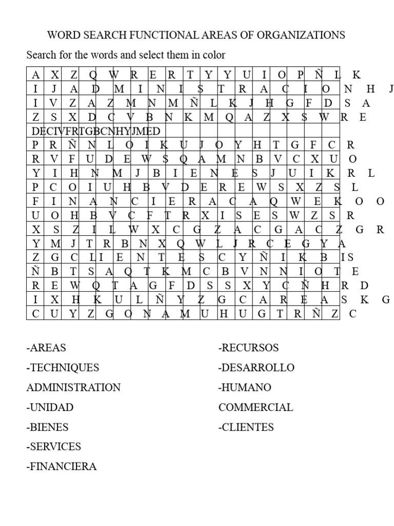Word Search Functional Areas of Organizations | PDF