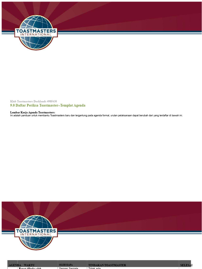 9.0 Daftar Periksa Toastmaster - Template Agenda | PDF