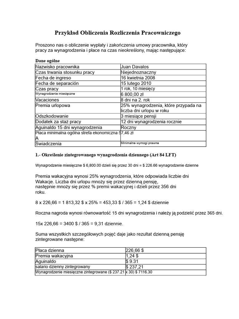 Przykład Obliczenia Rozliczenia Pracy | PDF