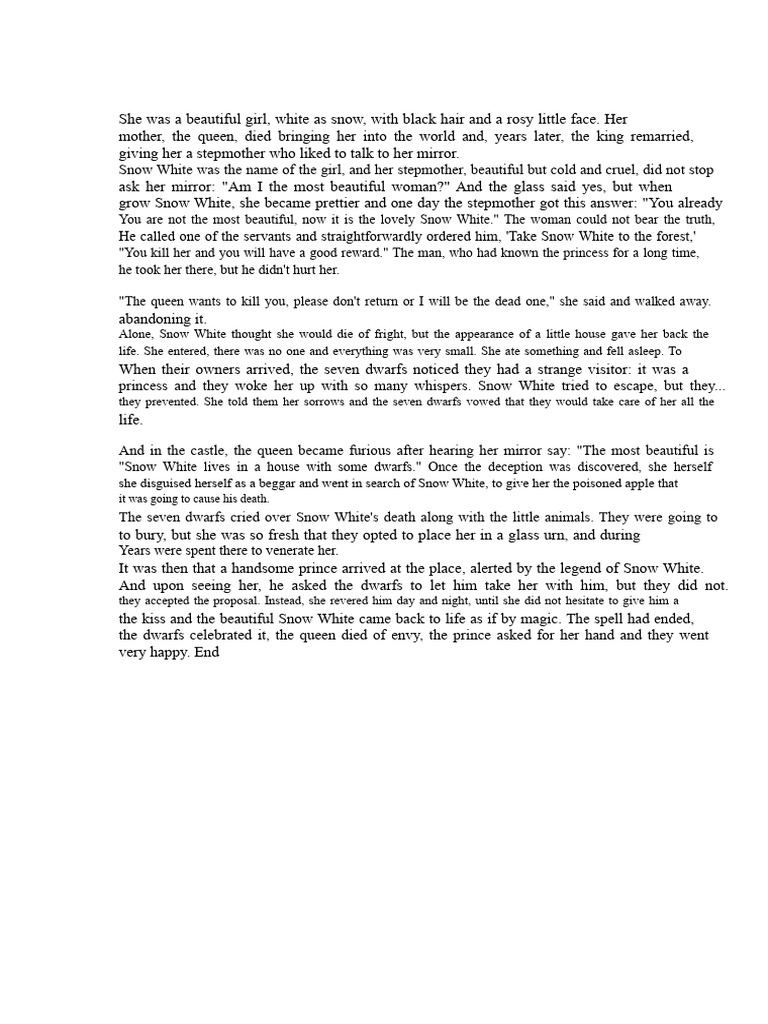 Snow White Summary | PDF | Snow White | European Folklore