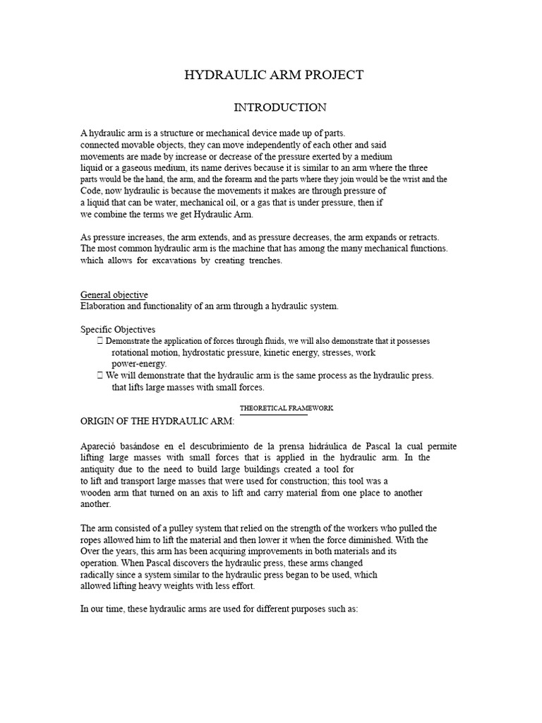 Hydraulic Arm Project Overview | PDF | Pressure | Hydraulics