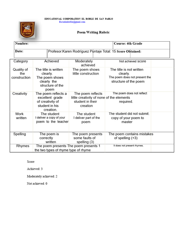 Rubric For Poem Writing | PDF | Poetry