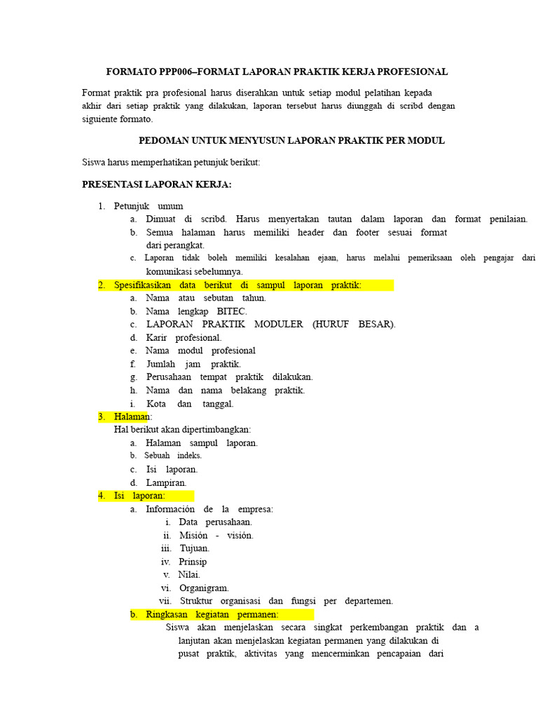 Format PPP006 - Format Laporan Praktik Kerja Profesional | PDF